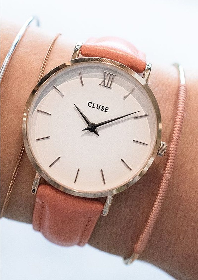 CLUSE Minuit Rose Gold Watch - White & Flamingo